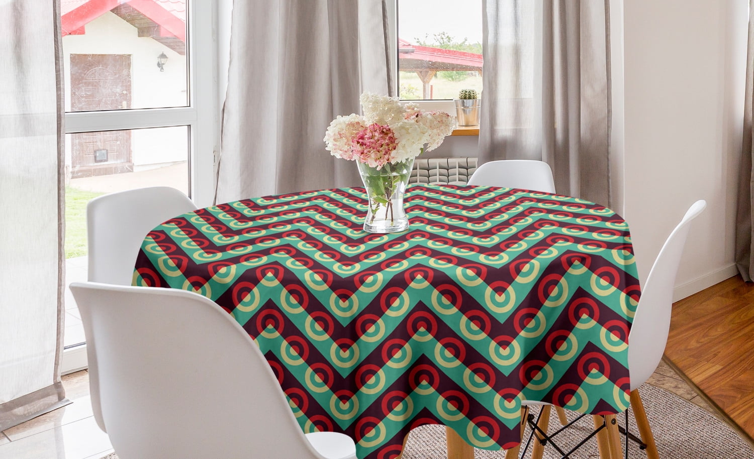Geometric Circle Round Tablecloth, 50s Pop Art Style Triangular Stripes ...