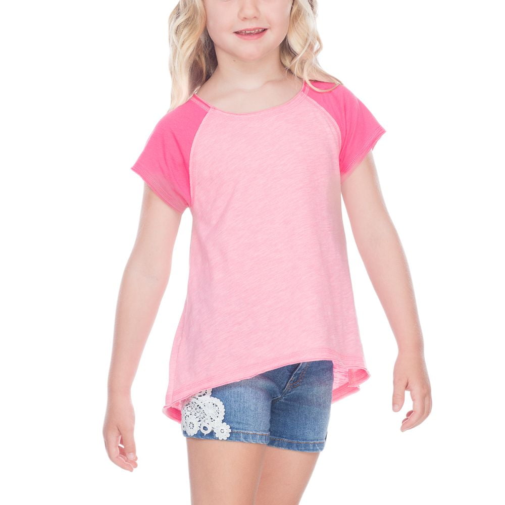 Girls 3-6X Slub Jersey Raw Edge High Low Contrast Raglan Short Sleeve ...