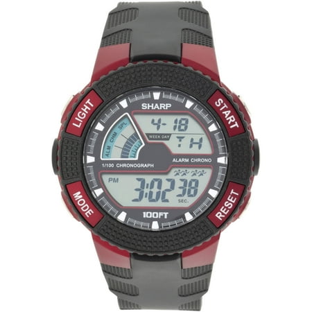 Men's Black and Red Sharp Digital Watch with 100' Water Resistance, El ...
