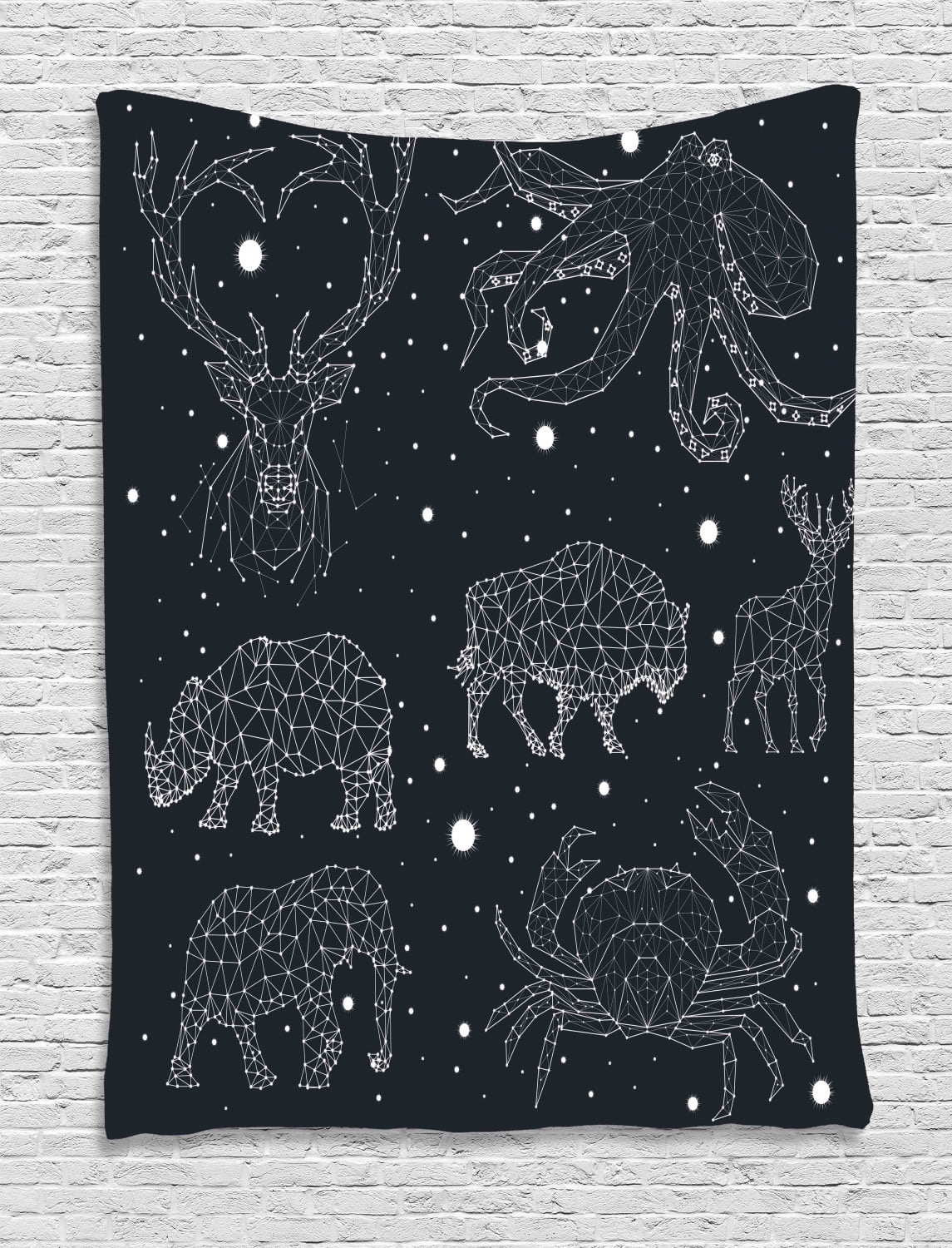 Blue and White Tapestry, Constellation Deer Bison Elephant Rhinoceros ...