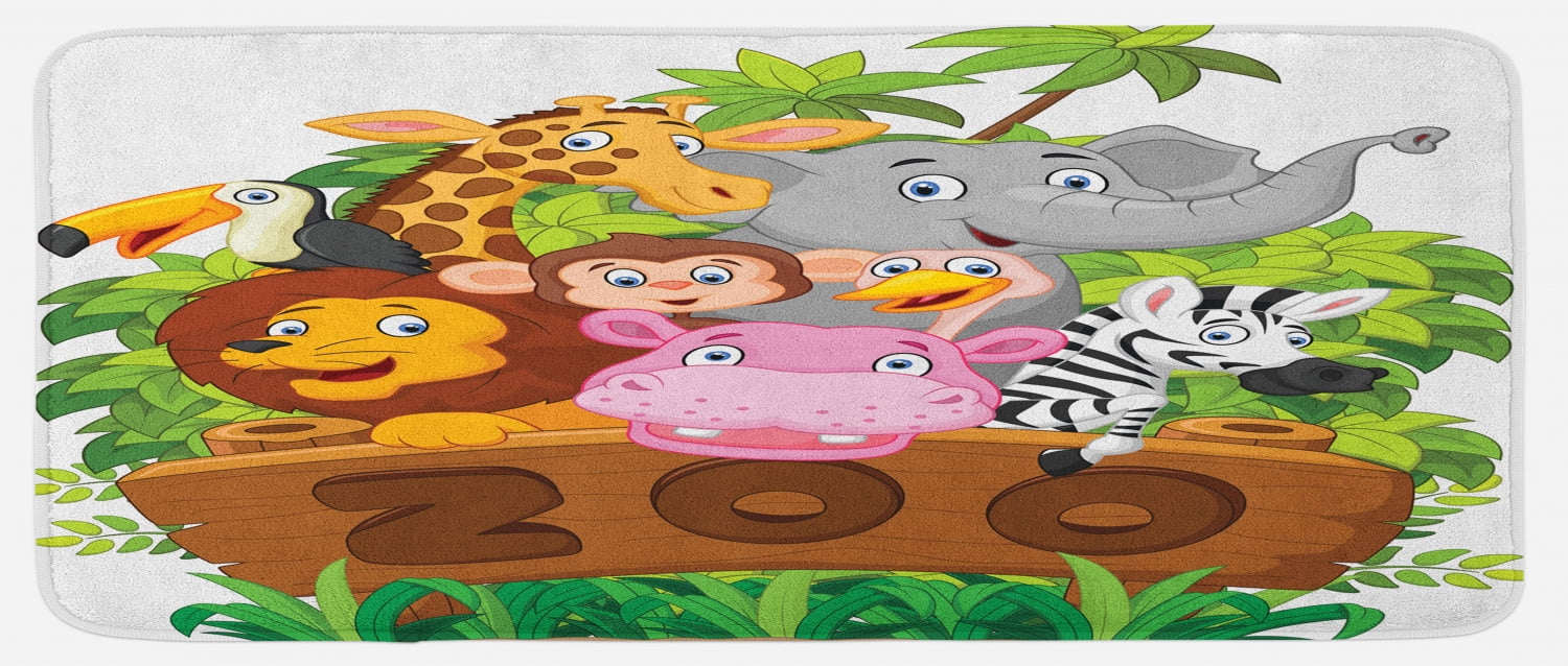 Zoo Kitchen Mat, Cartoon Style Pattern of Several Happy Animals of Zoo ...