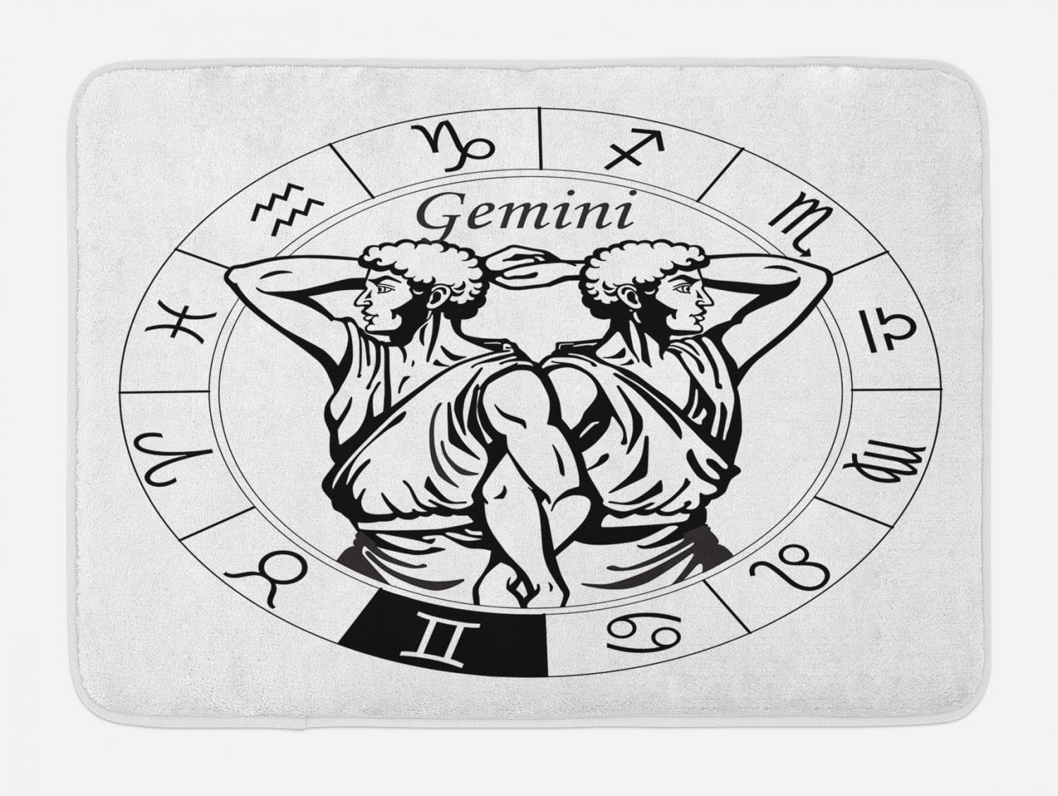 Zodiac Gemini Bath Mat, Monochrome Zodiac Wheel and Male Twins in ...