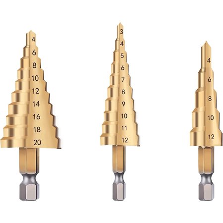 3 Piece Metal Stepped Taper Drill Bit Set With Titanium Coating - For ...