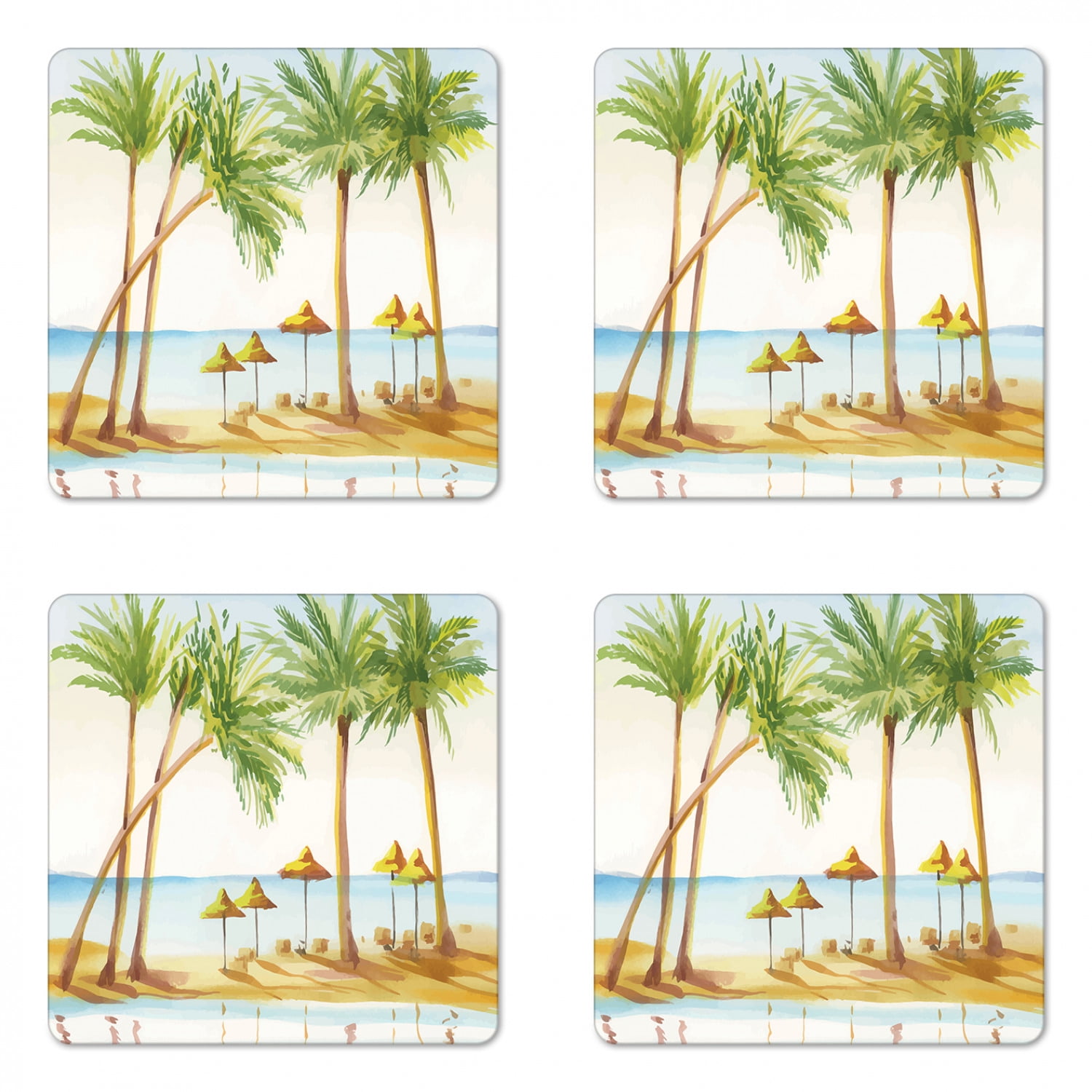 Tropical Coaster Set of 4, Tropical Island Sandy Beach with Palm Trees ...