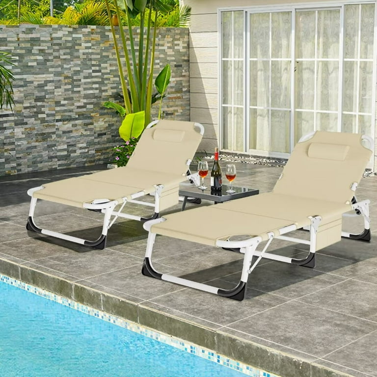 Docred Outdoor Chaise Lounge Chair 5 Fold Heavy Duty Tanning Chair with Face Arm Hole Beach Tanning Chair 2 Sided Removable Mattress with Pillow 440lbs Walmart