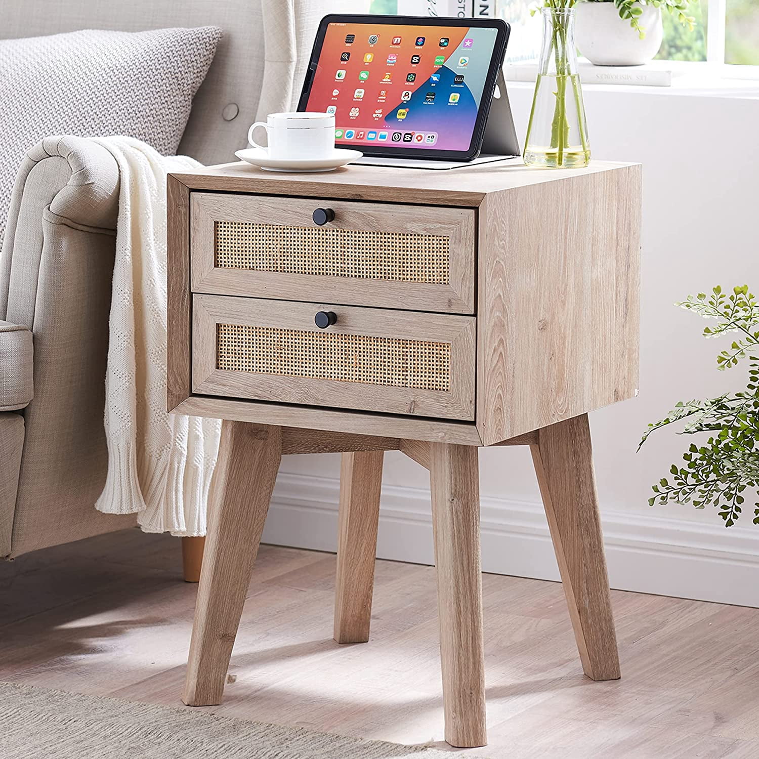 OKD Modern Wood Nightstand with 2 Rattan Drawers,Natural Oak - Walmart.com