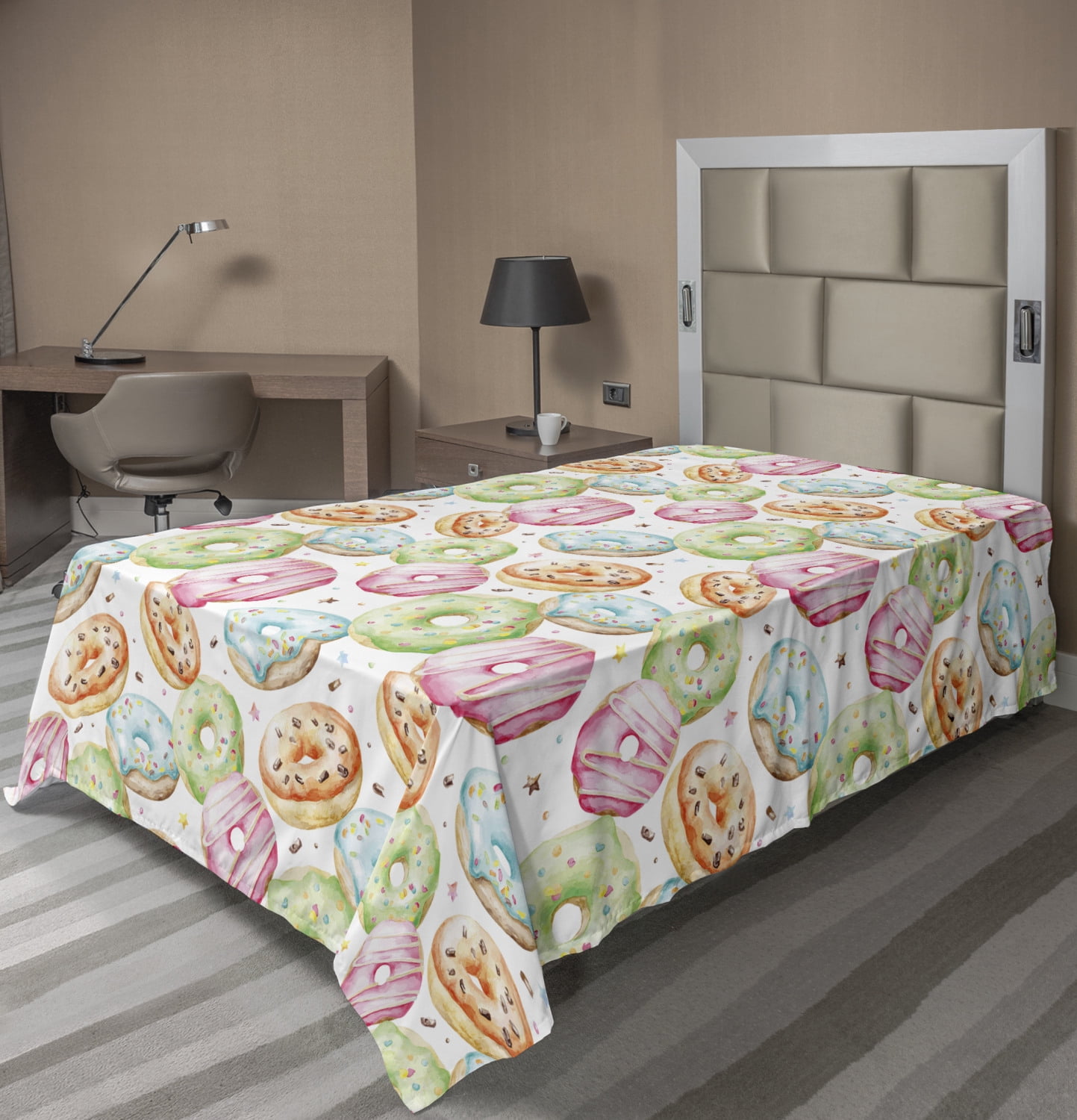 Colorful Flat Sheet, Delicious Watercolor Pattern with Doughnuts Hand ...