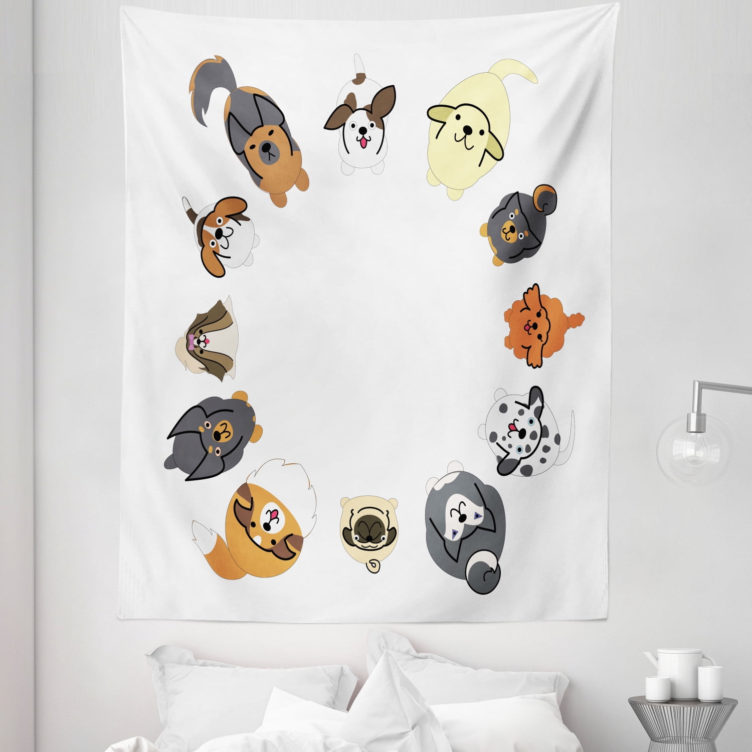 Dog Tapestry, Various Different Dogs in Cartoon Style Looking up in ...