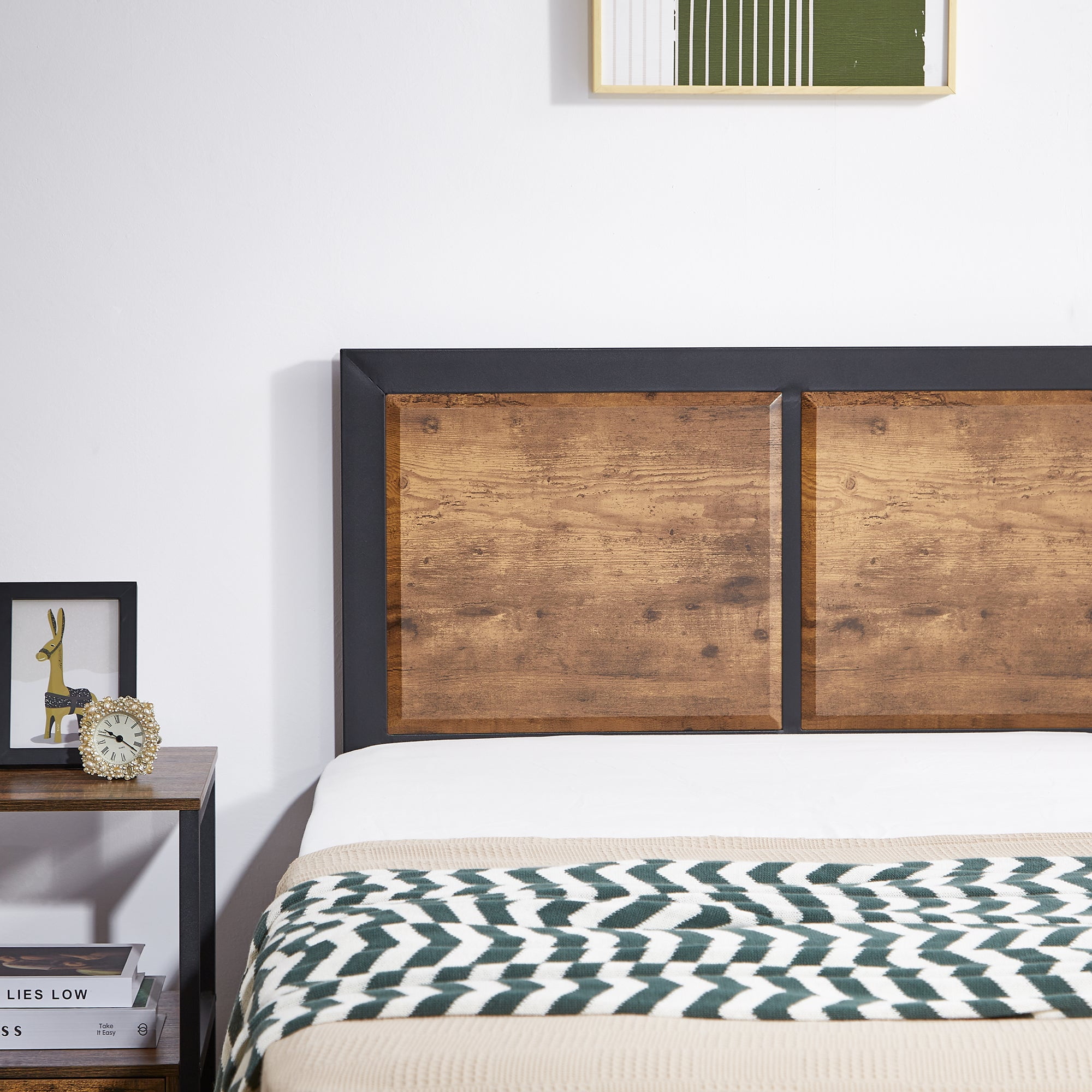 VECELO Queen Size Metal Platform Bed Frame with Wooden Headboard and Footboard Strong Metal Slats Support No Box Spring Needed Brown Walmart