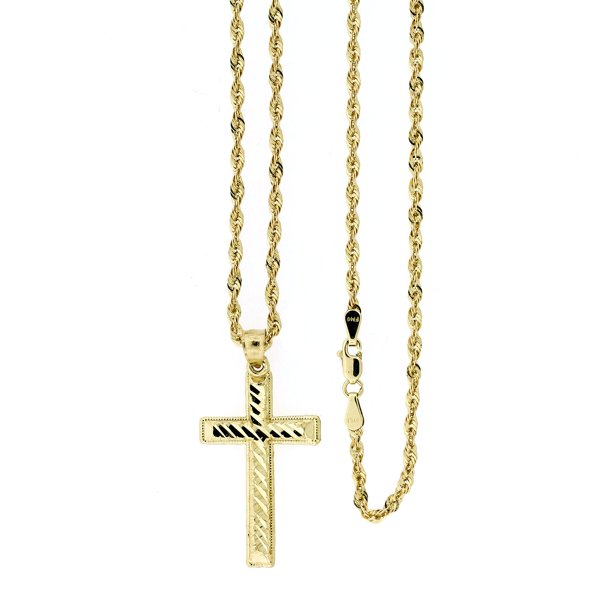 Mens 10K Yellow Gold Jesus Cross Charm Pendant Nugget & 2.5mm Rope ...