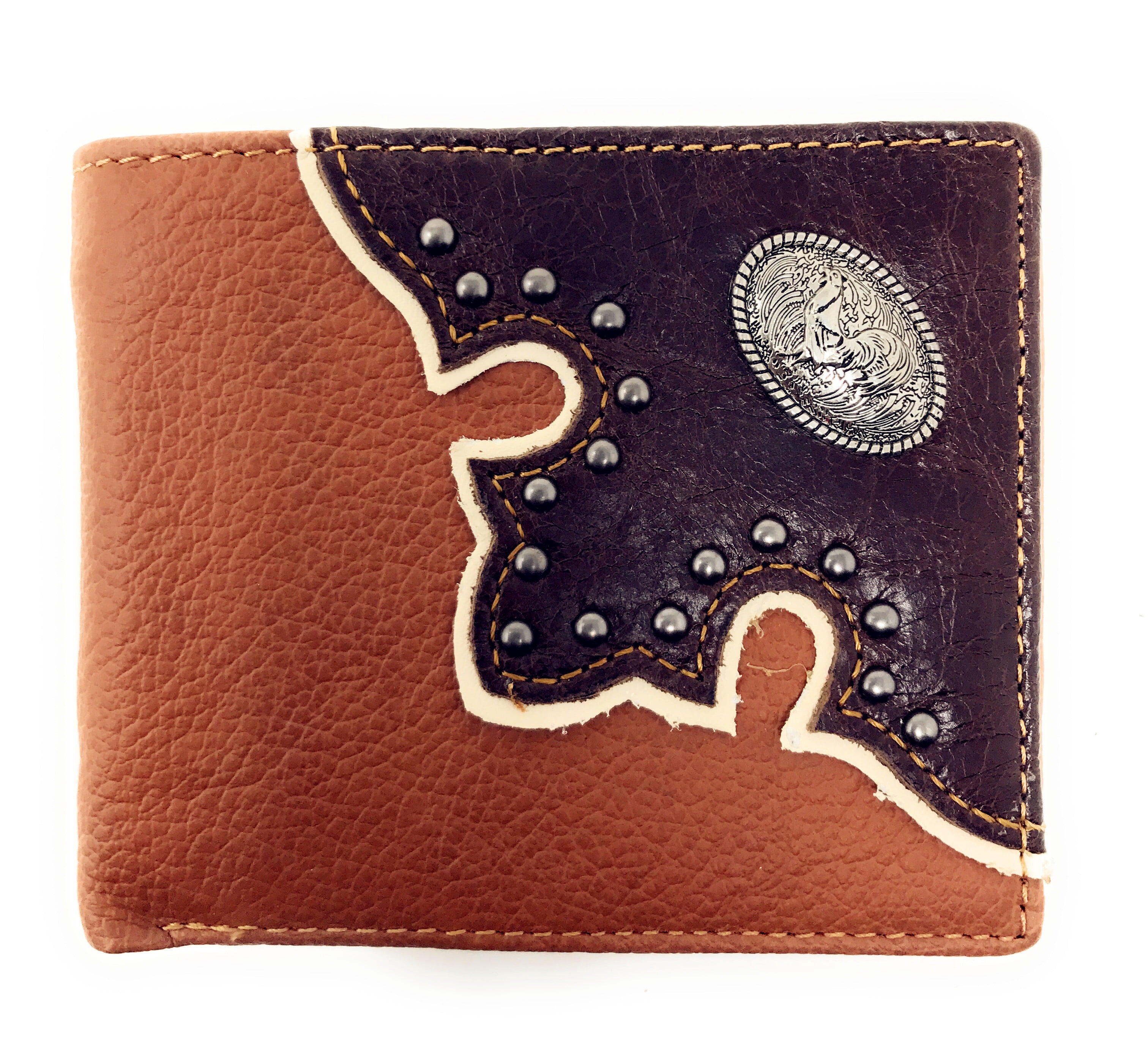 Western Genuine Leather Metal Rooster Concho Men Bifold Short Wallet ...