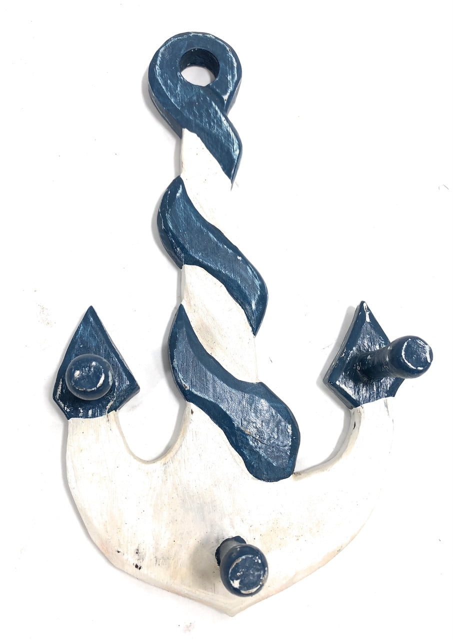 Anchor Hanger 12" W/ 3-Pegs - Rustic Blue Nautical Accent | # ...