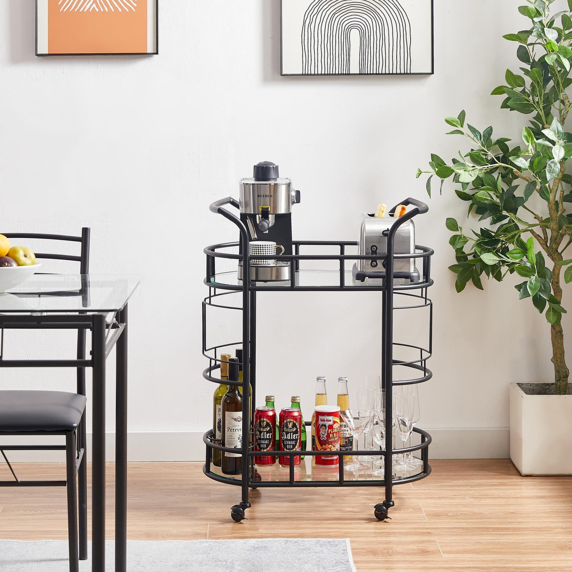 Bar food cart, 2 tier mobile mini bar, kitchen serving cart, metal and ...