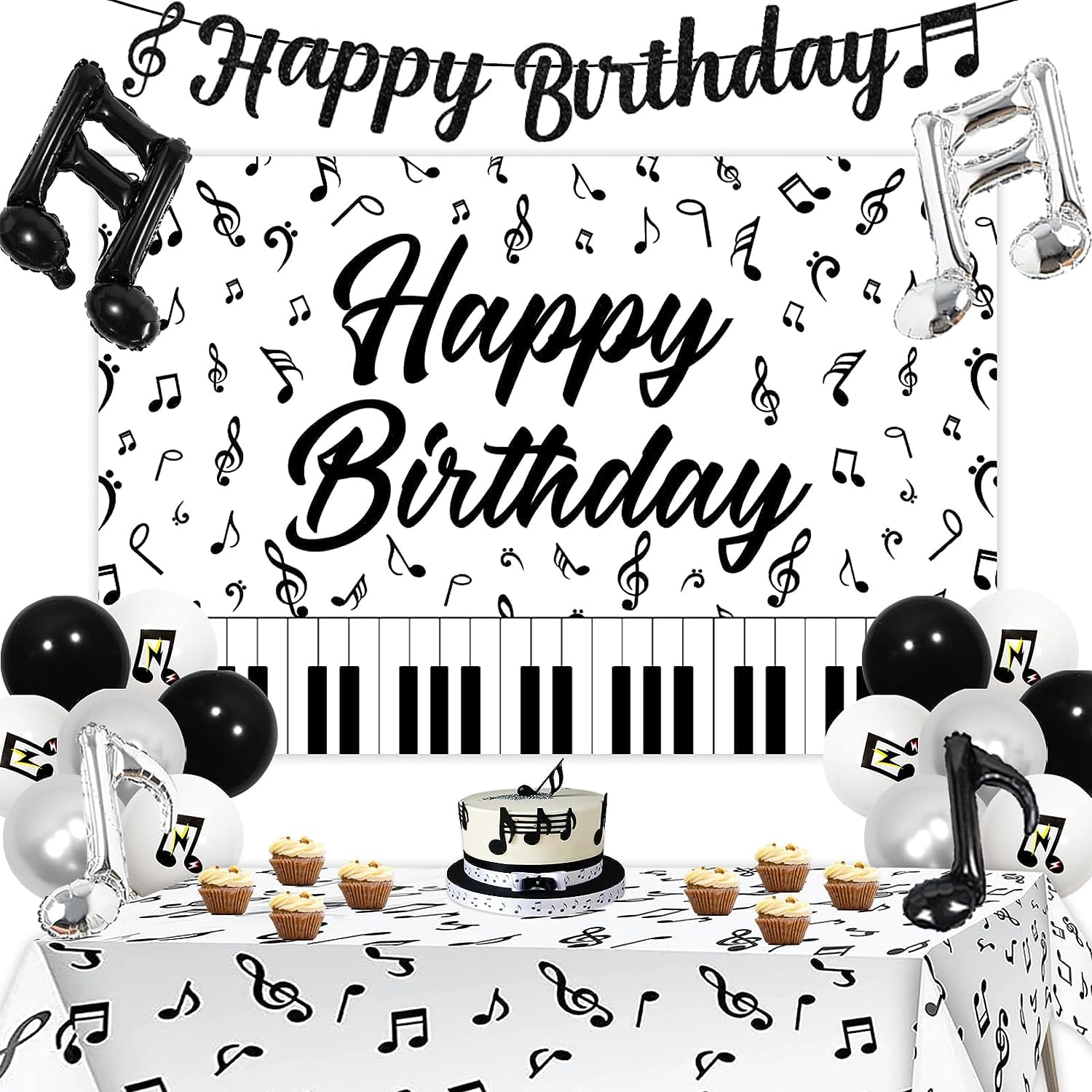 Music Theme Party Decoration Set, Music Happy Birthday Banner Backdrop ...