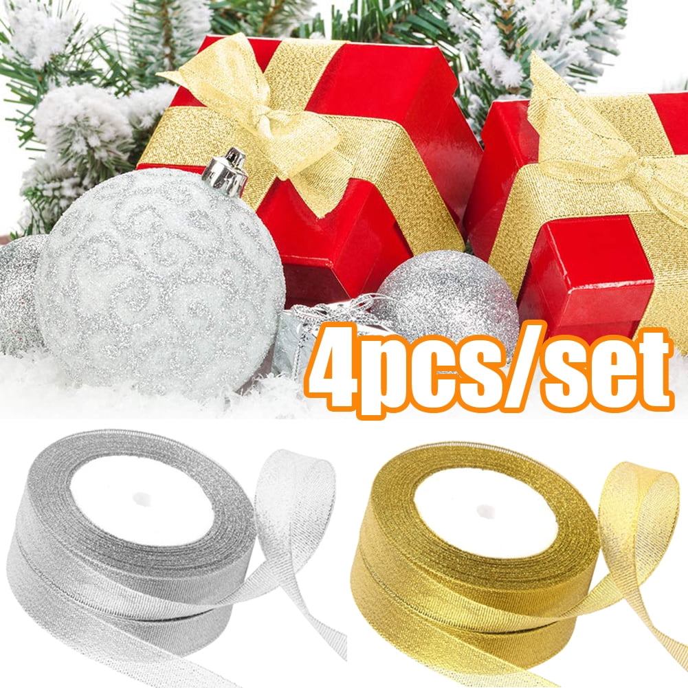 Cheers.US 4Pcs 22mx2cm Glitter Metallic Ribbon,Gold Silver Glitter ...