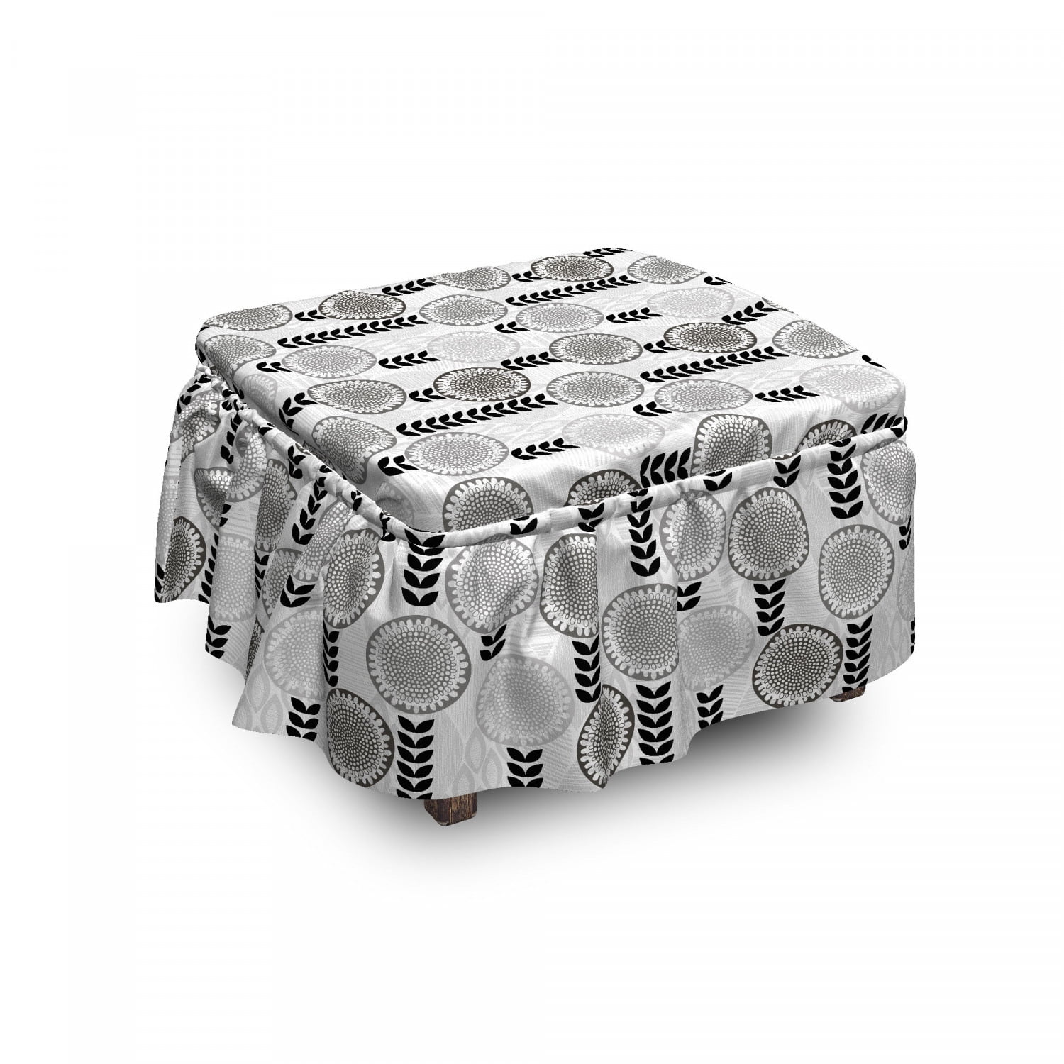 Flower Ottoman Cover, Greyscale Spring Bloom, 2 Piece Slipcover Set ...