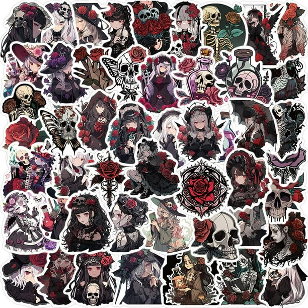 50pcs Horror Anime Girls Stickers for Water Bottles, Gothic Skull Rose ...