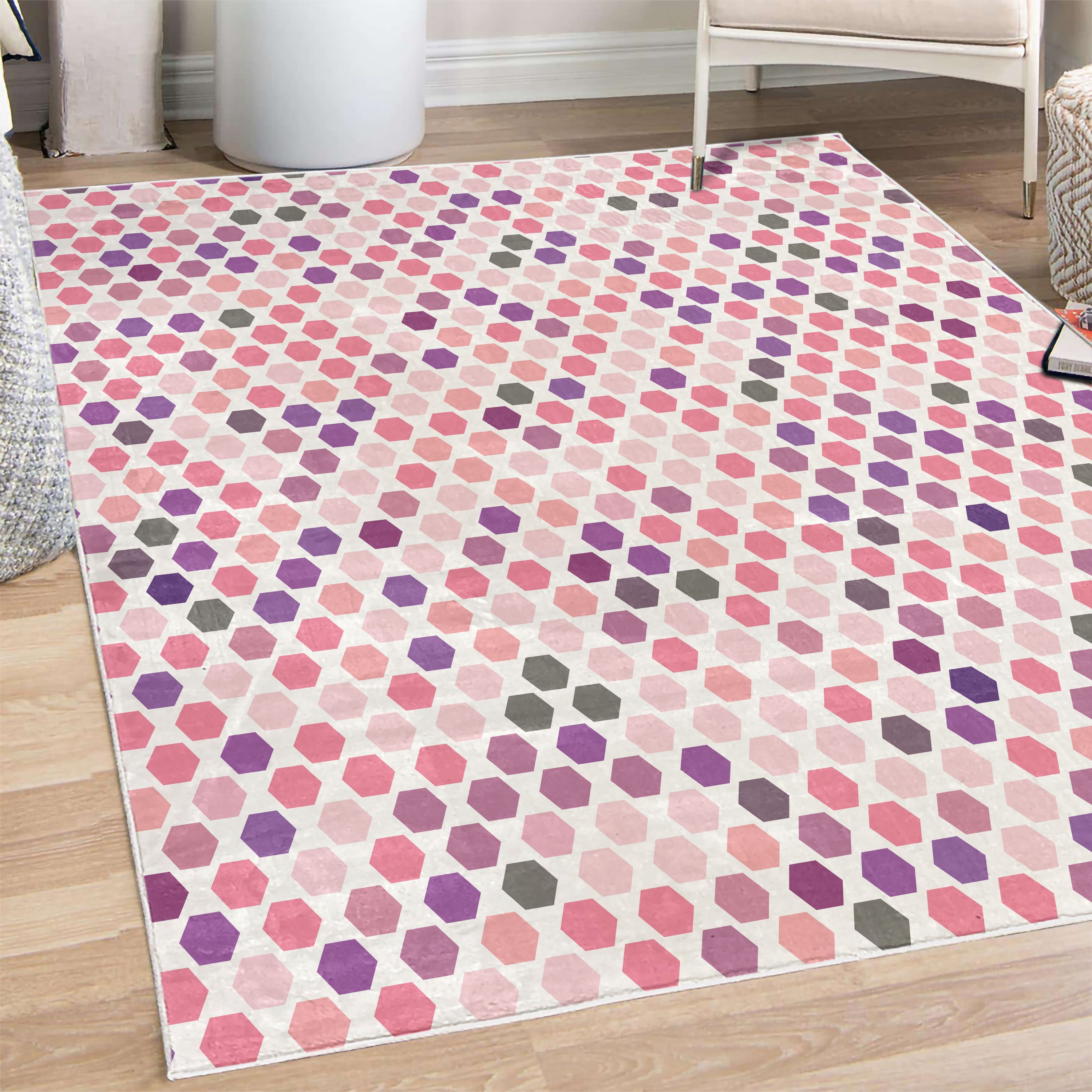 Geometric Decorative Rug, Abstract ZigZag Hexagon Vivid and Dark Color ...