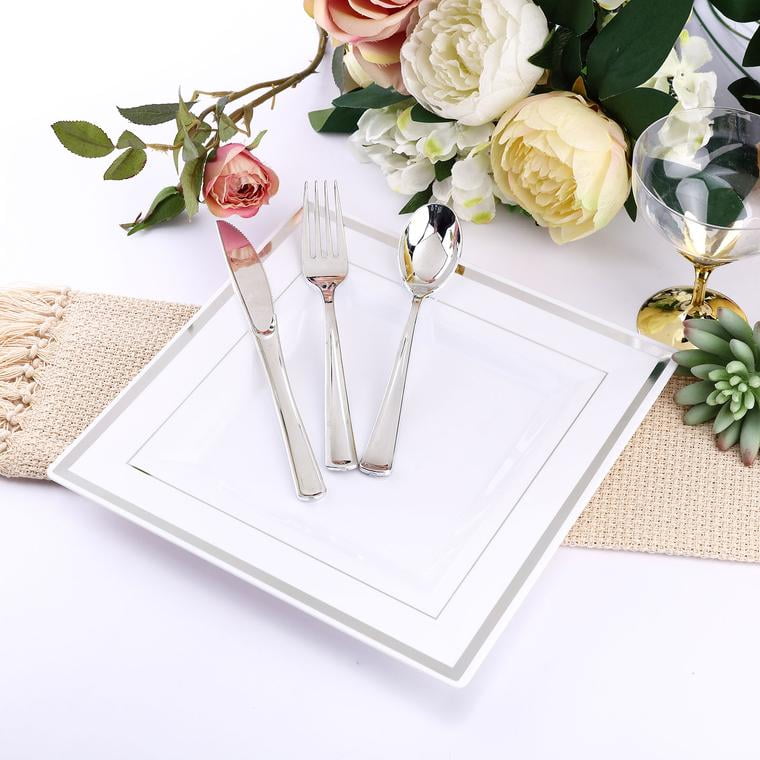 BalsaCircle 10 Pieces 10" White Silver Trim Plastic Square Plates ...