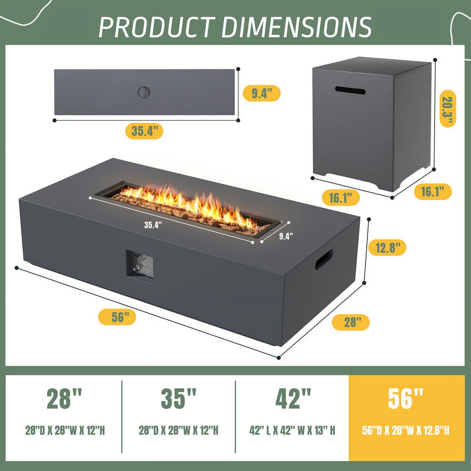 AAAAAcessories Modern Gas Fire Pit Table, 56" Rectangle, 50,000 BTU ...