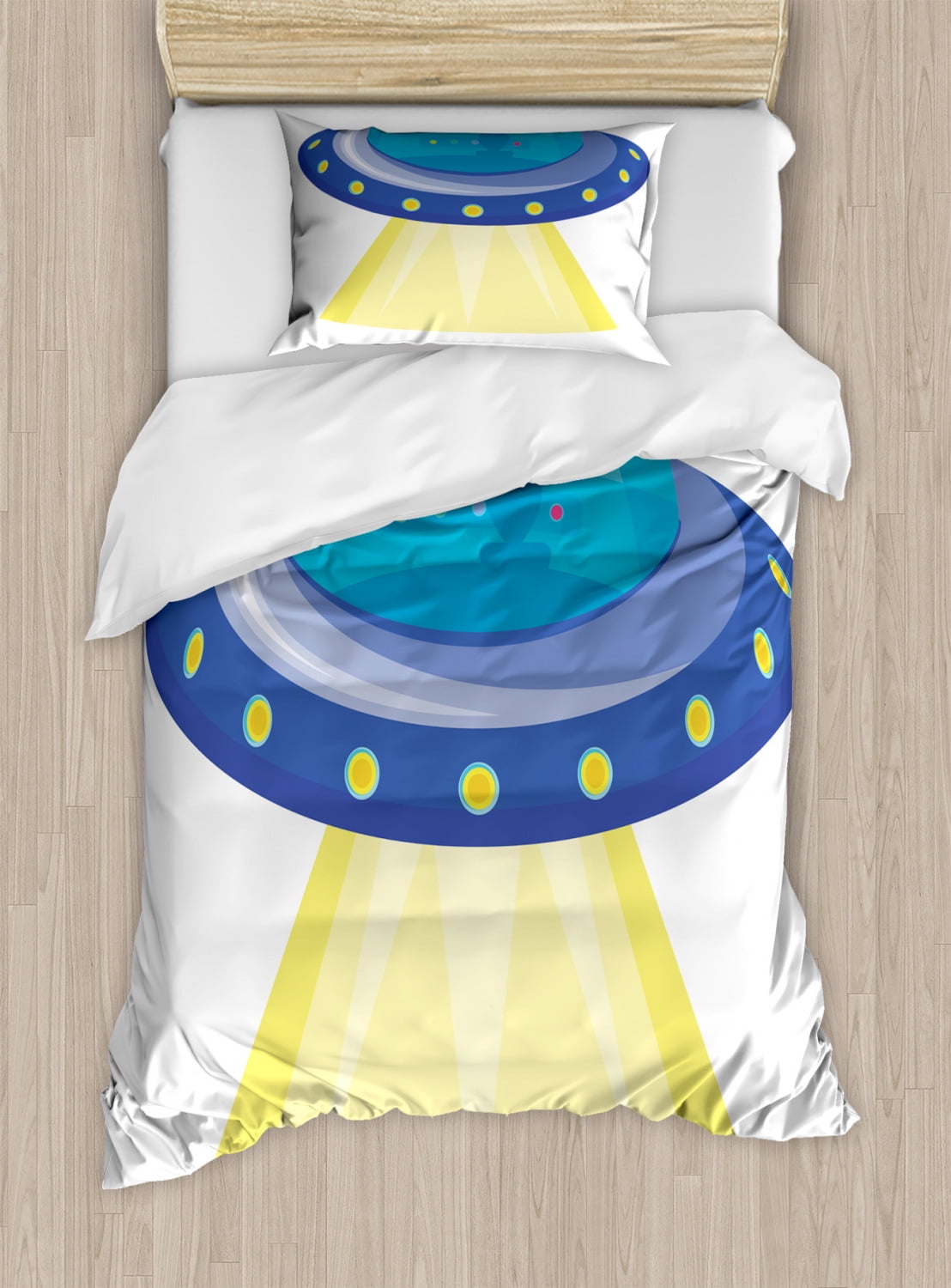 Alien Duvet Cover Set Twin Size, UFO Flying Object Unknown Spaceship ...