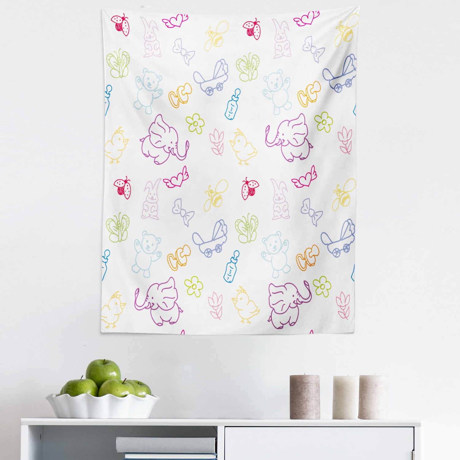 Cartoon Tapestry, Drawing Style Elephants Teddy Bears Flowers ...