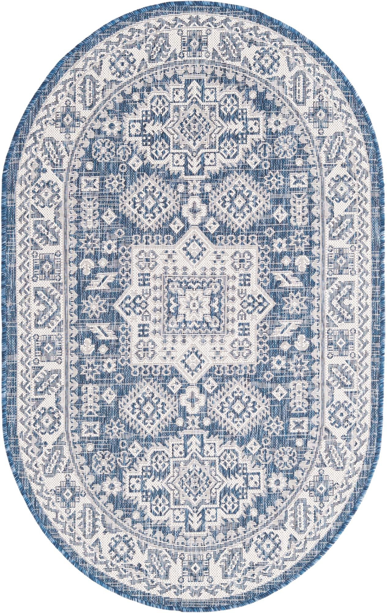 Rugs.com Outdoor Aztec Collection Rug – 3' x 5' Oval Blue Flatweave Rug ...