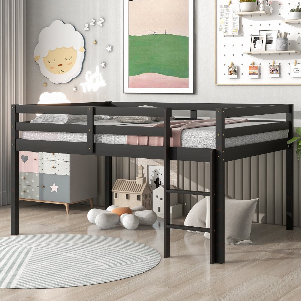 GZXS Wood Low Loft Bed Full-Size with Guard Rail & Ladder, No Box ...