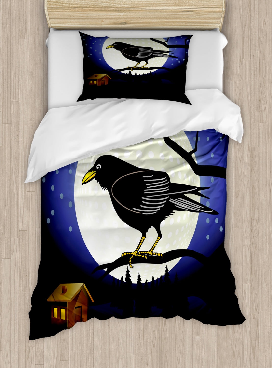 Black Crow Duvet Cover Set Twin Size, Night Time Illustration of Bird ...