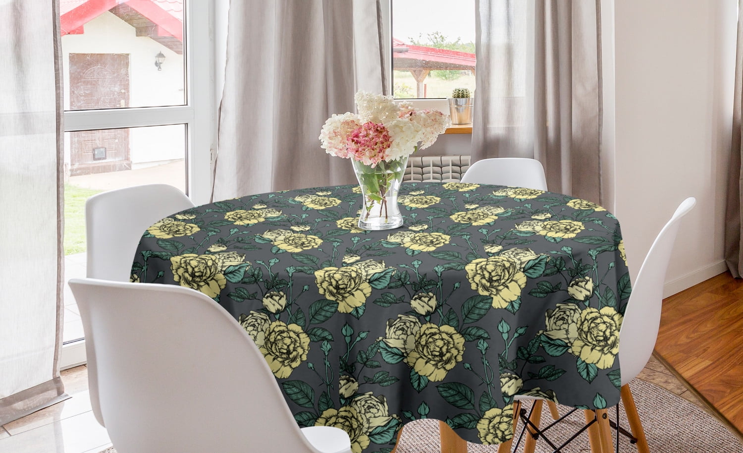 Botanical Round Tablecloth, Repeating Pattern Yellow Tone Roses Flowers ...