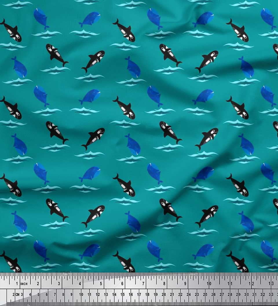 Soimoi Velvet Fabric Waves,Whale & Dolphin Ocean Print Fabric by The ...