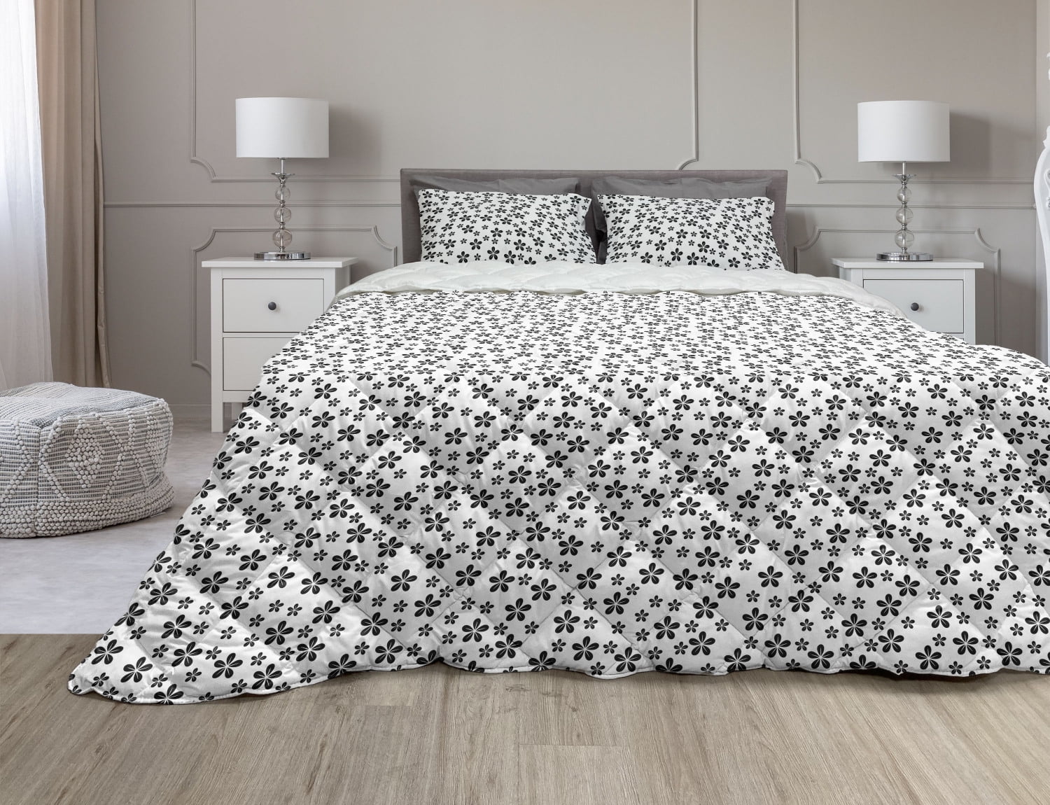 Black and White Comforter & Sham Bedding Set, Daisy Flower Buds Pattern ...