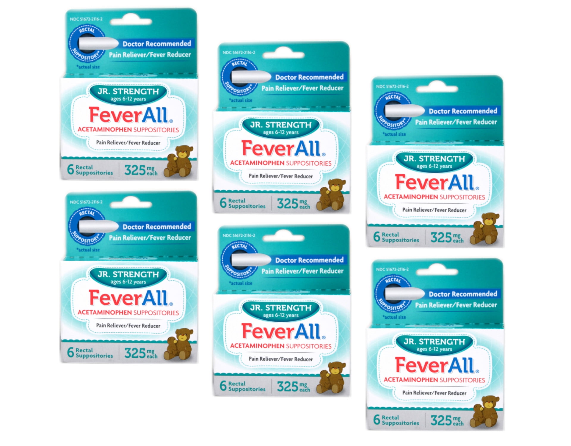 6 Pack Feverall Acetaminophen Suppositories JR Strength 325mg 6 Count ...