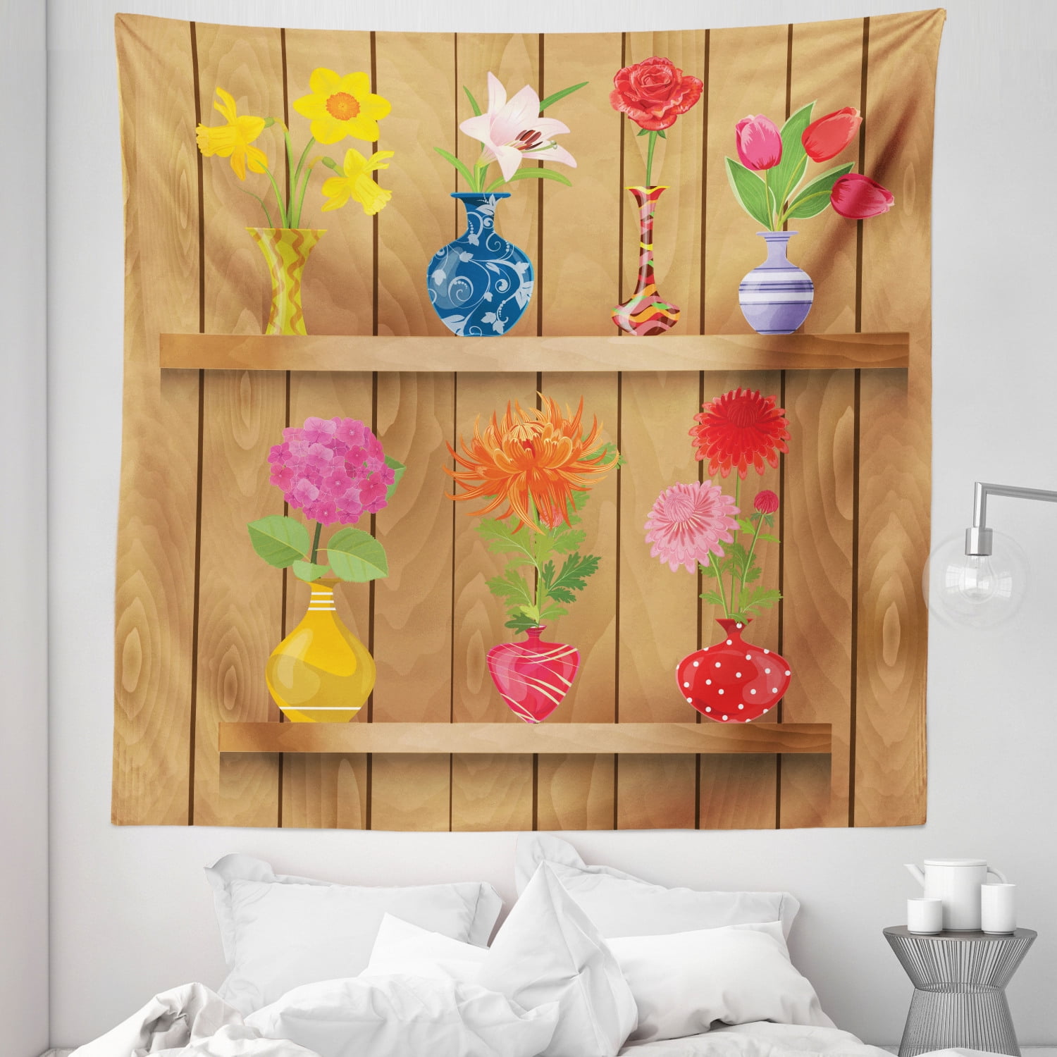 Floral Tapestry, Glass Vases Colorful Flowers on Wooden Shelves Pastel ...