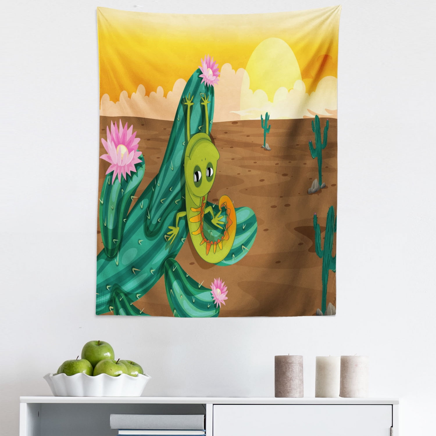 Cactus Tapestry, Cartoon Style Desert Setting Sun Chameleon on a Cactus ...