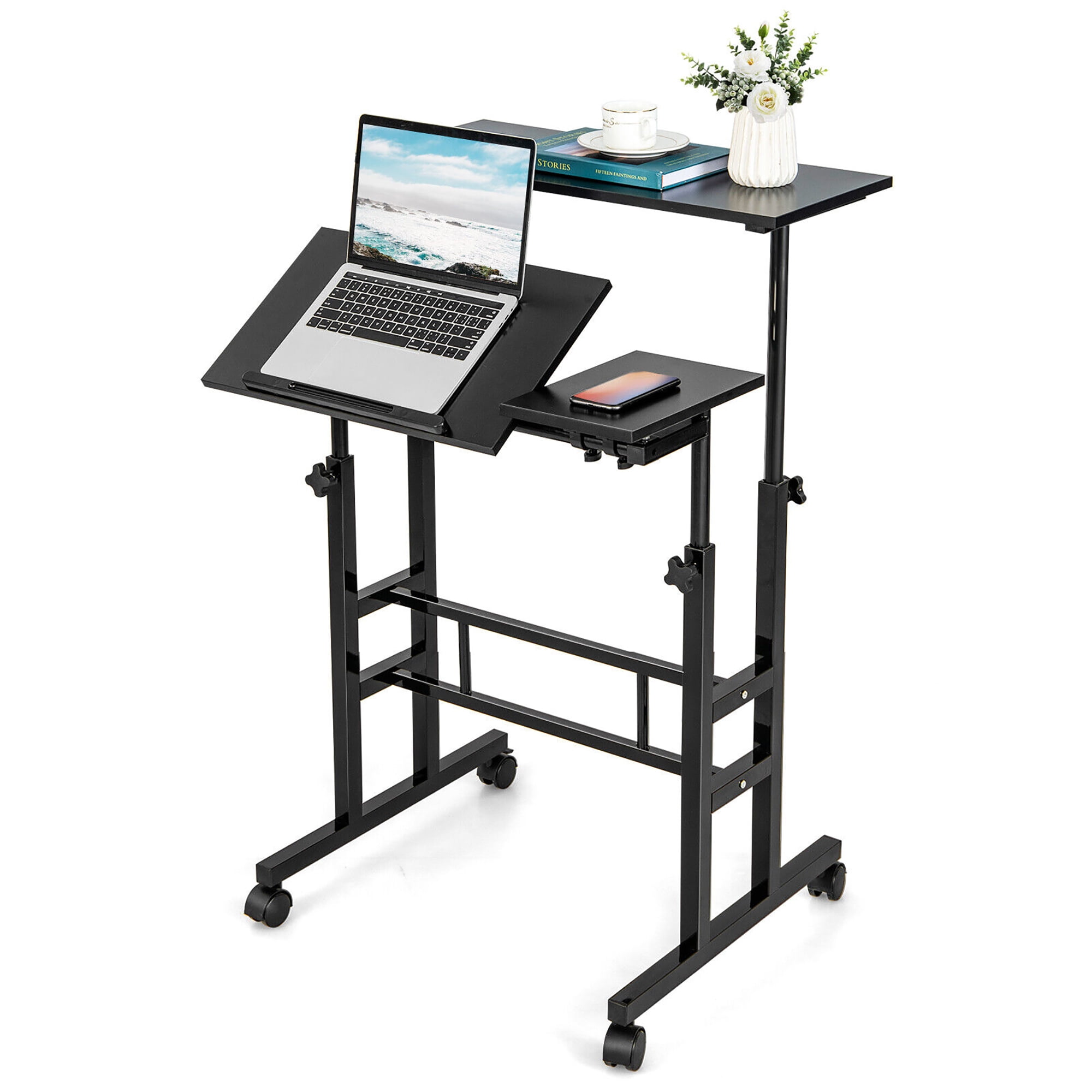 Gymax Mobile Stand up Desk Adjustable Computer Desk Tilting Workstation ...