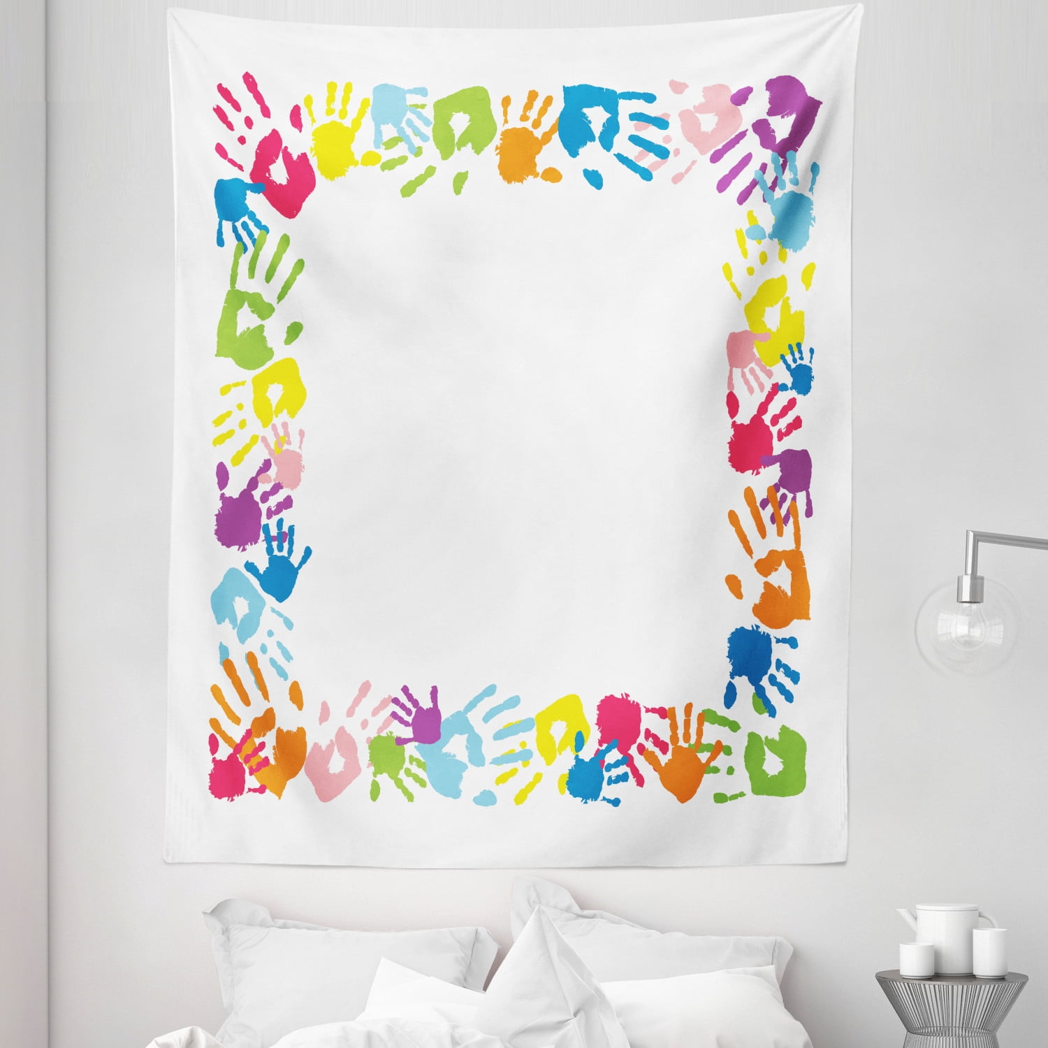 Party Tapestry, Happy Themed Frame with Handprints in Rainbow Colors ...
