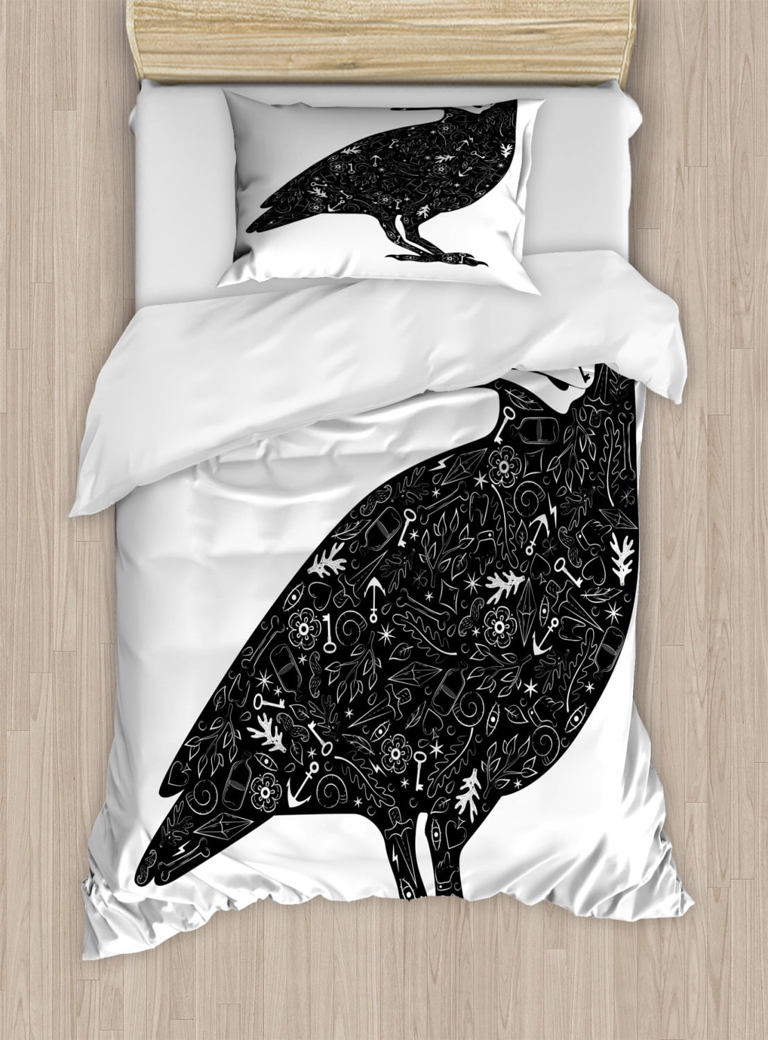Black Crow Duvet Cover Set Twin Size, Gothic Art Illustration of ...