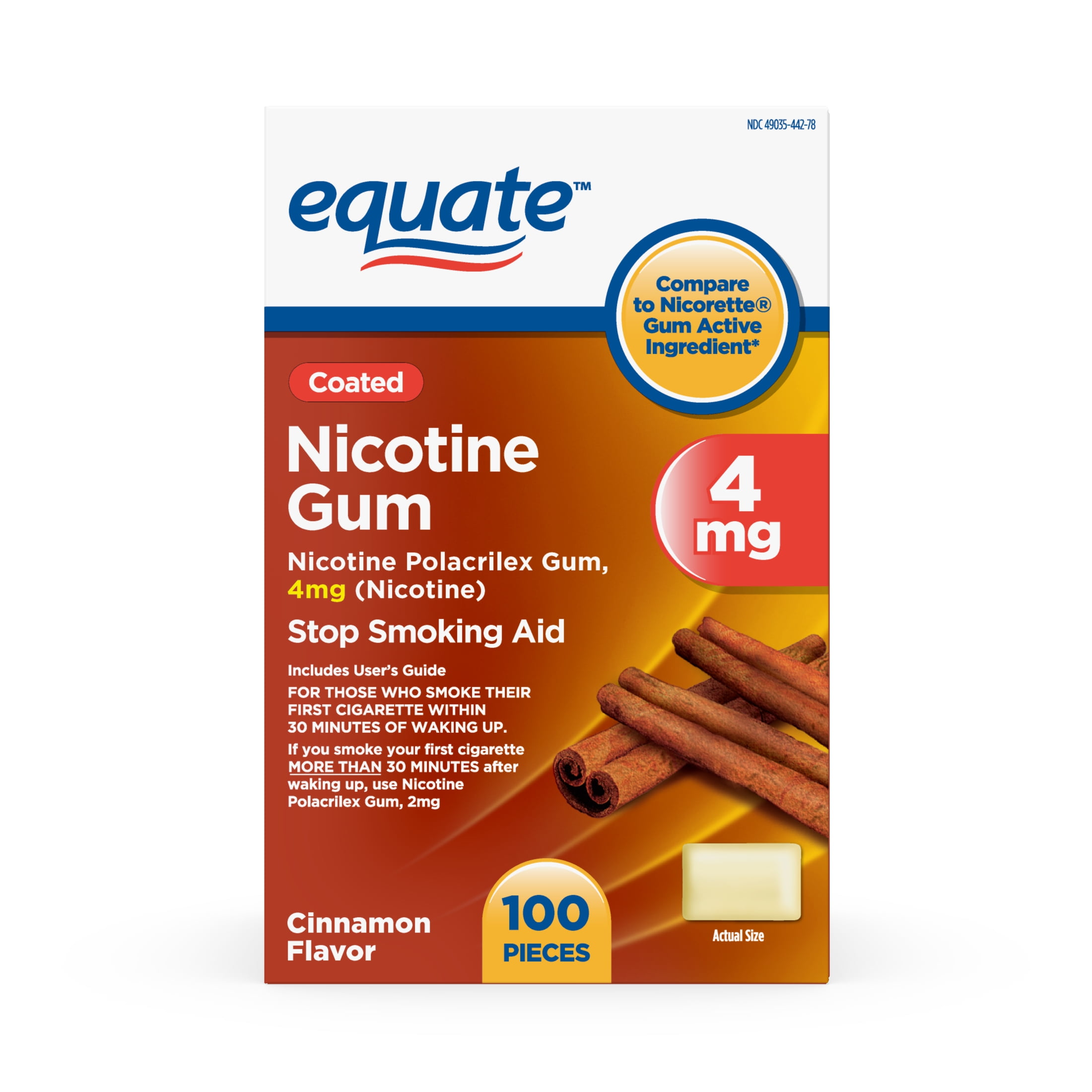 Equate Nicotine Polacrilex Coated Gum 4 mg, Cinnamon Flavor, Stop ...