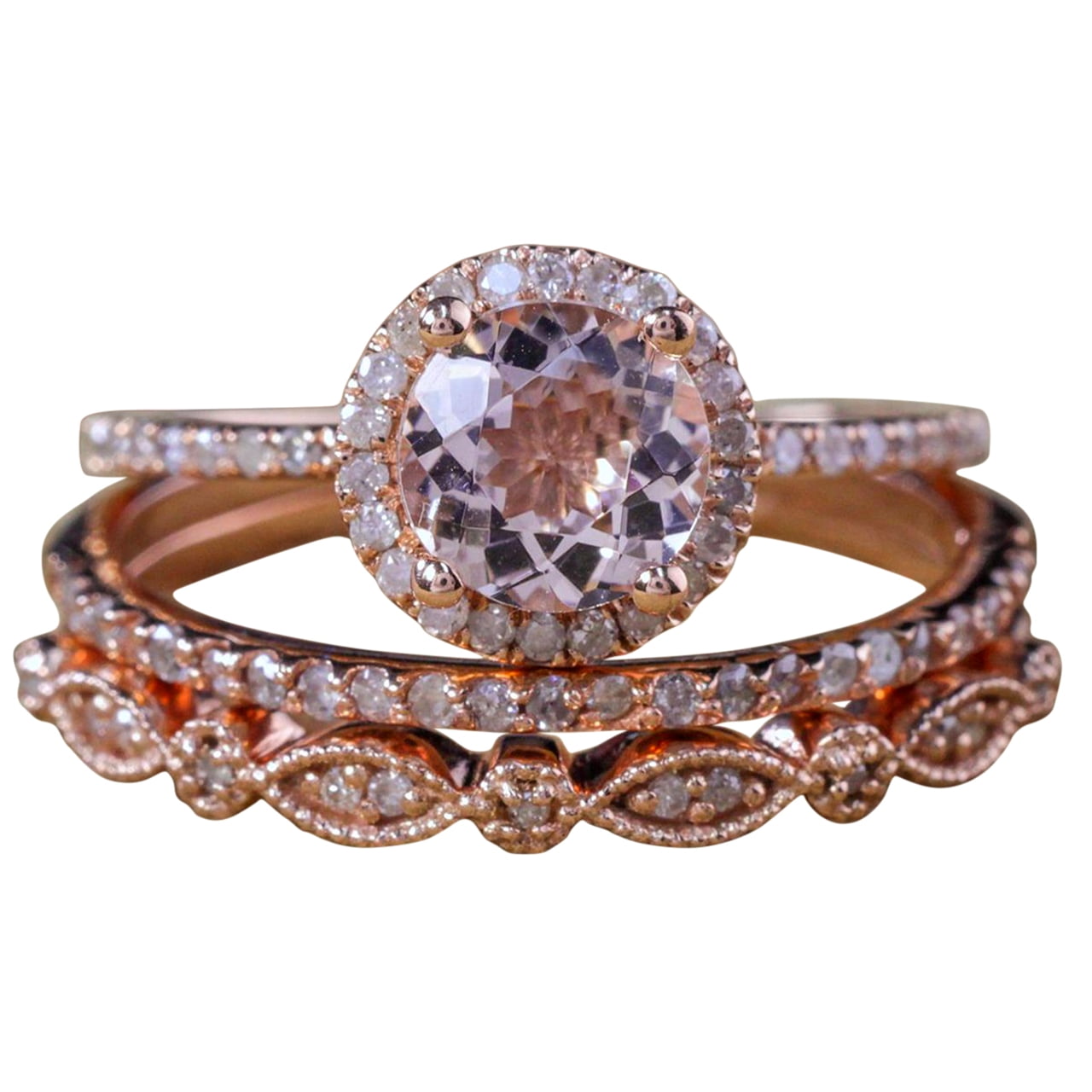 2 carat Round Morganite and Diamond Trio Ring Set in 10k Rose Gold ...