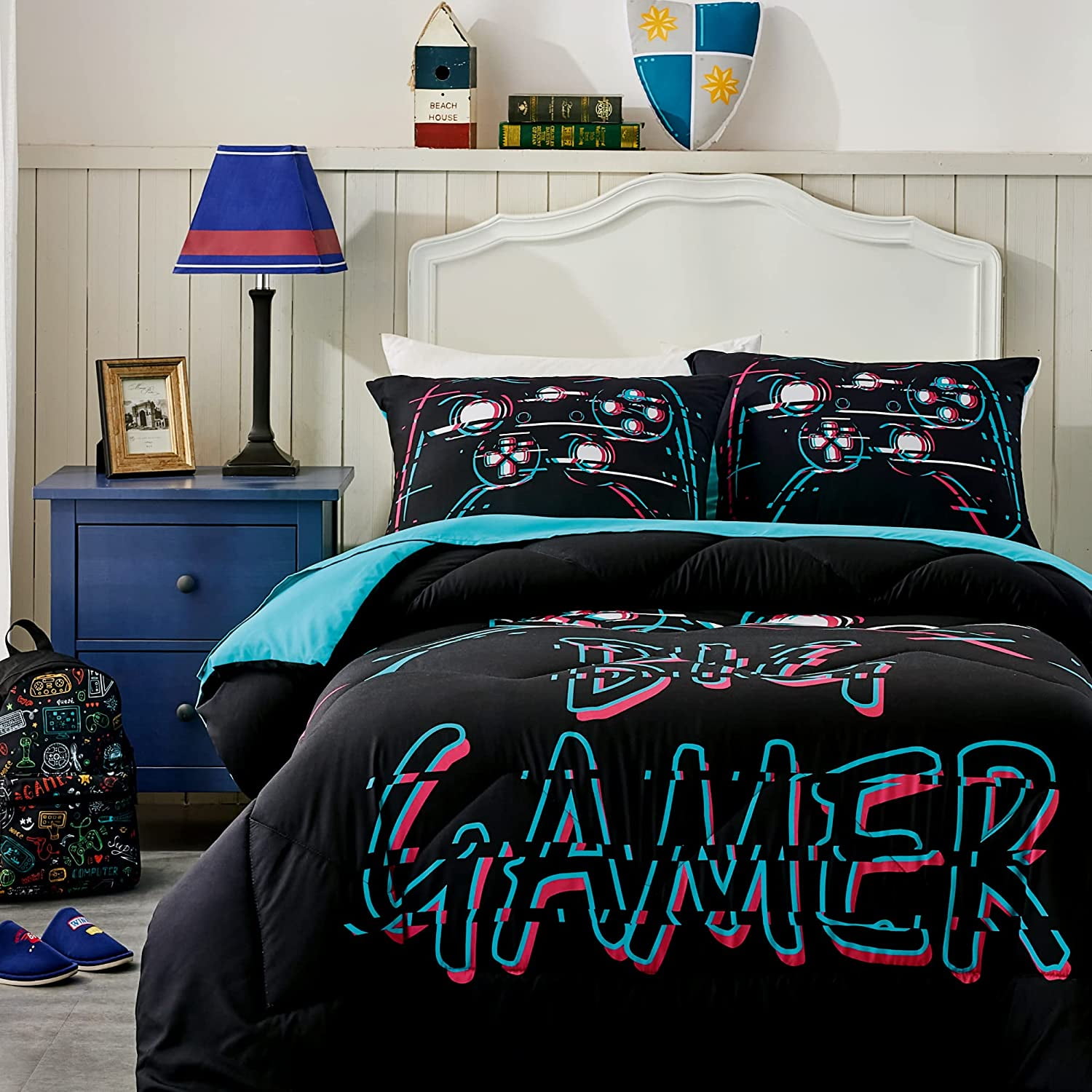 ART DEMO Gamer Black Comforter Sets for Teen Boys Full Size 5 Pieces ...