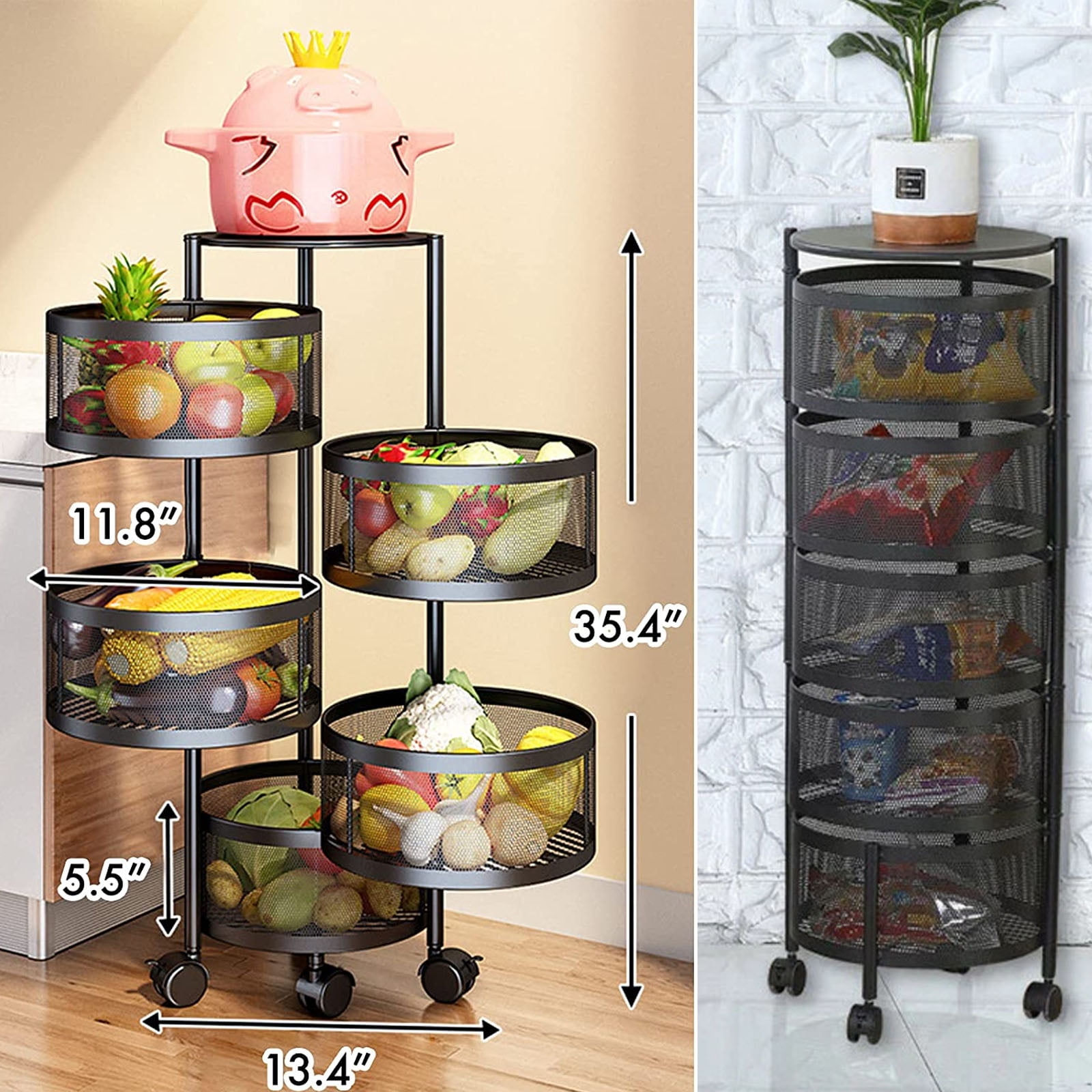 Buy tonchean 5 Tier Fruit Vegetable Storage Basket Rolling Cart for ...