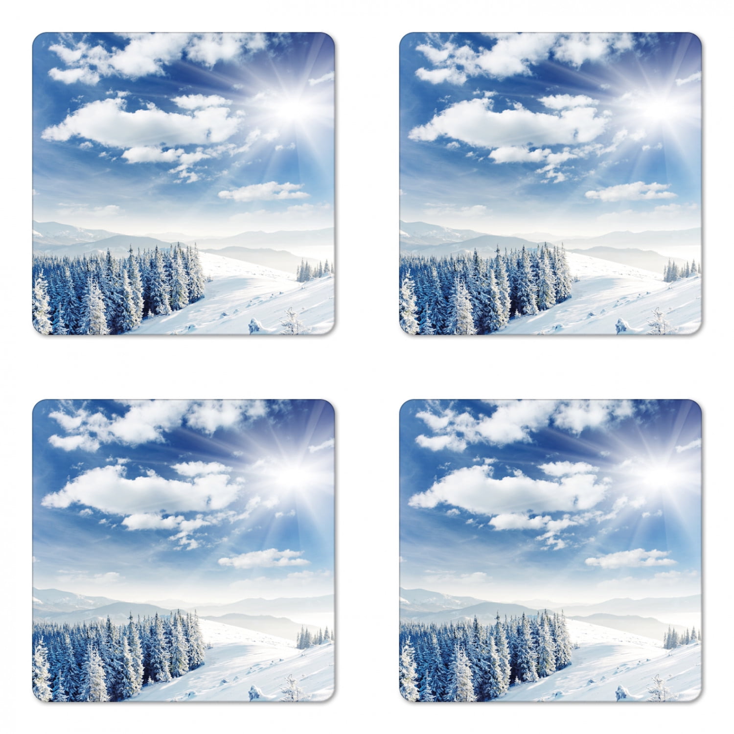 Winter Coaster Set of 4, Idyllic Snow Covered Mountain Forest Frozen ...