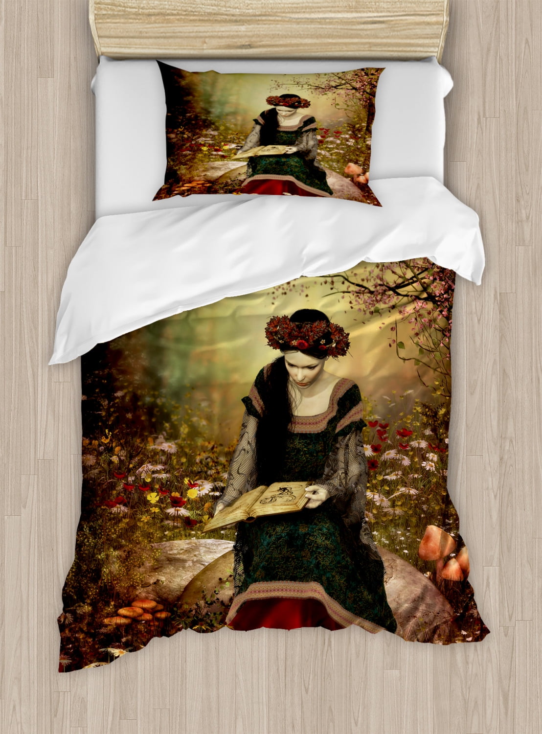Medieval Duvet Cover Set Twin Size, Lady Sitting on Stone and Reading ...