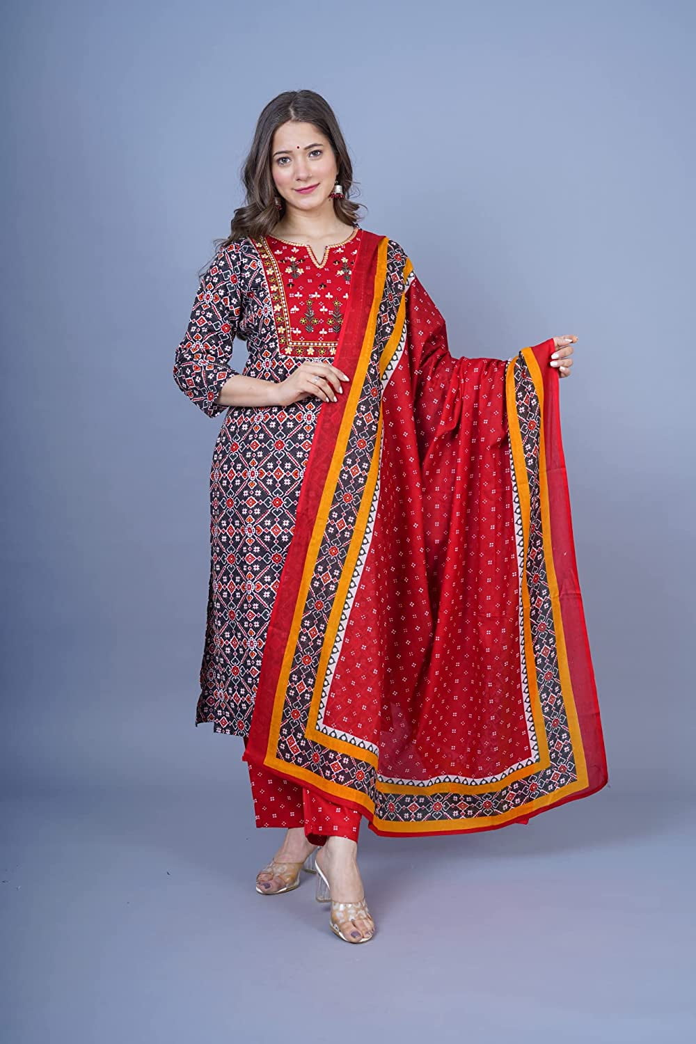 Aizza Trends Women's Cotton Embrodiery Work Straight Kurti Pant With Dupatta Set - Walmart.com