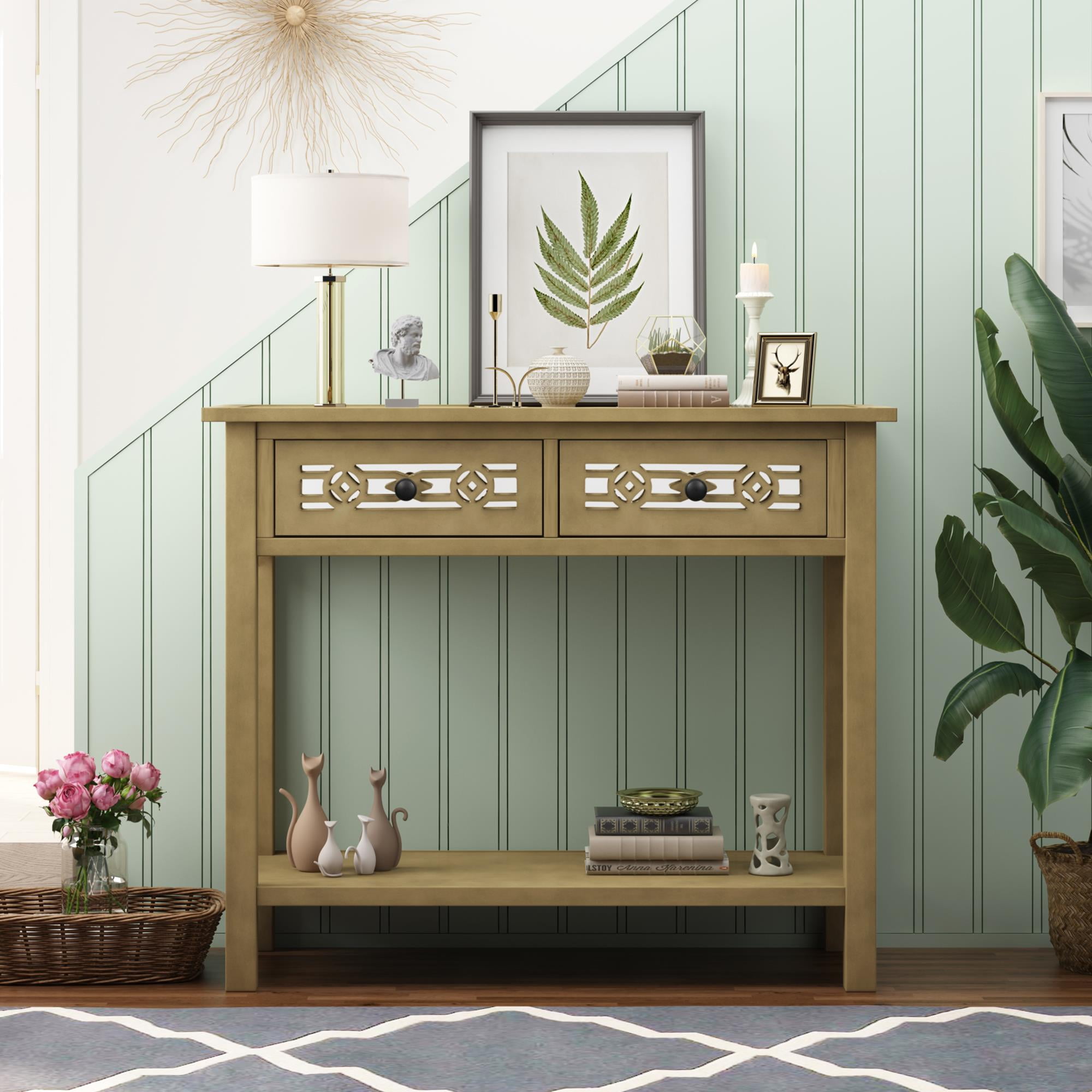 Winado Classic Gold 2-Drawer Console Table Sofa Side Tables with Open ...