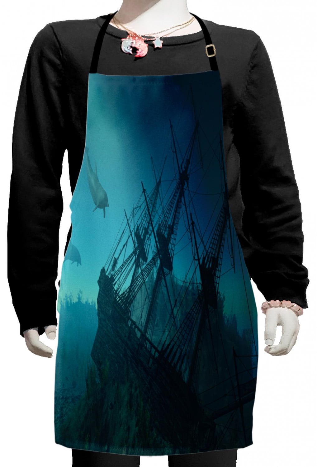 Nautical Kids Apron, Dolphins Ruined Wreckage Underwater Sunken Ship ...
