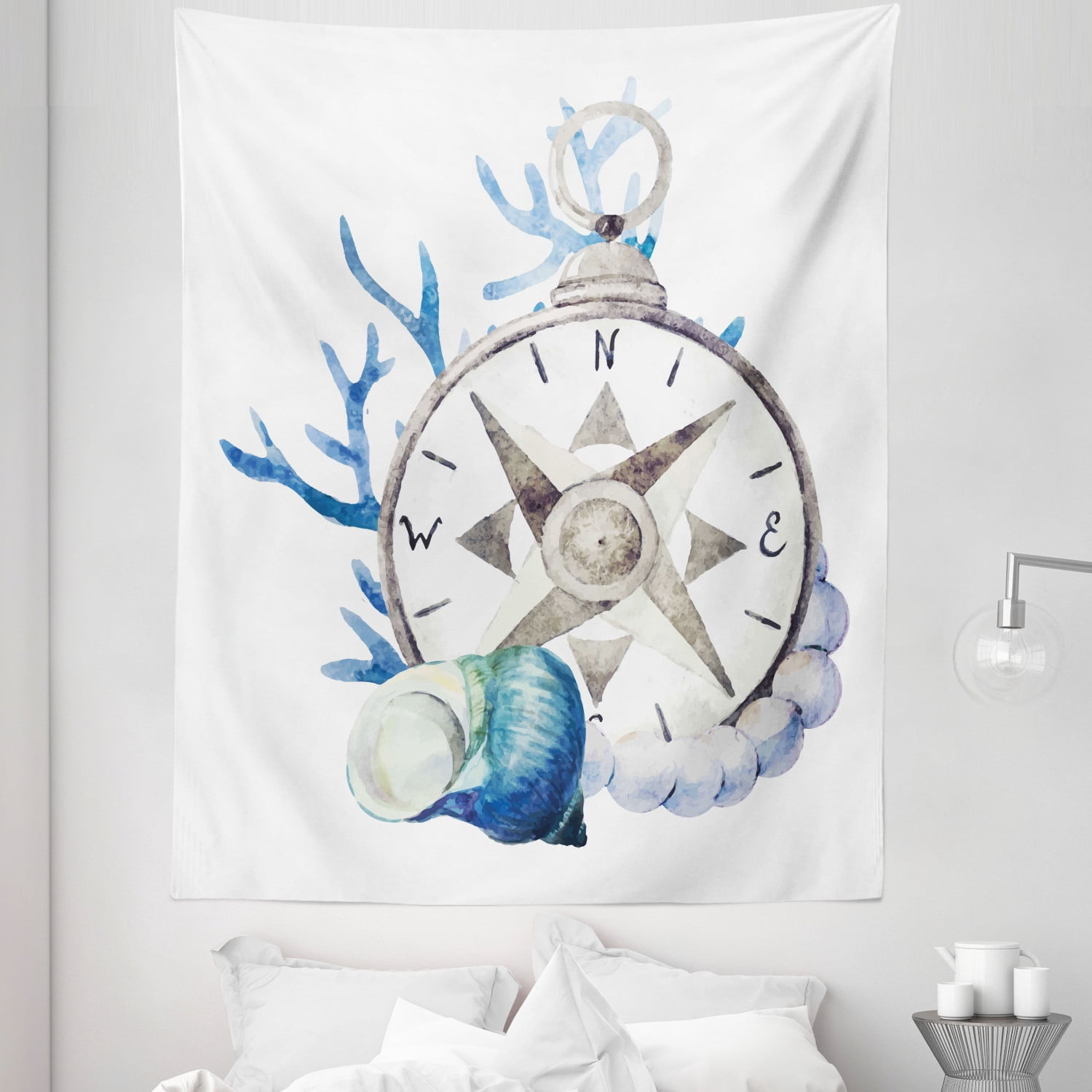 Compass Tapestry, Watercolor Marine Life Theme Seashell Compass ...