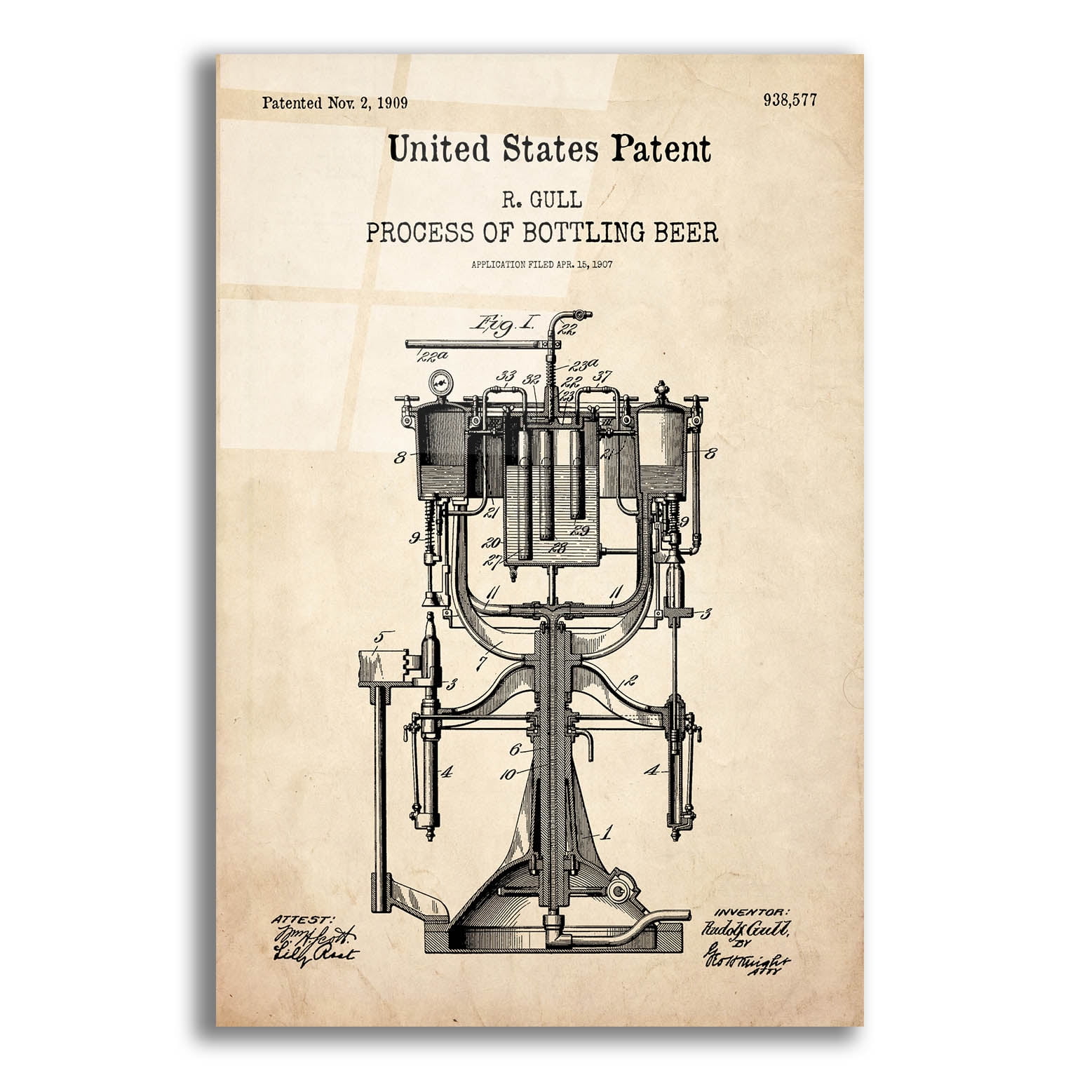 Epic Art 'Bottling Beer Machine Blueprint Patent Parchment,' Acrylic ...