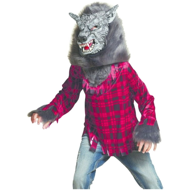 Boys Red & Black Plaid Werewolf Fur Cuffed Shirt & Mask Costume Small 4 ...